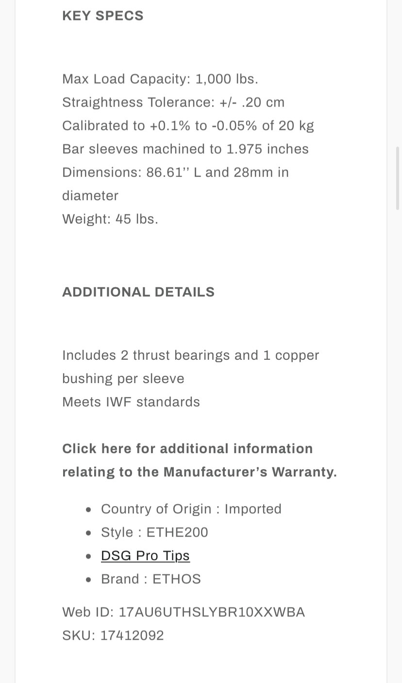 Ethos 7’ Olympic Barbell, 2” diameter, new in box, unopened. | eBay