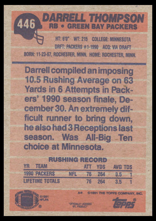 1991 Topps #446 Darrell Thompson Green Bay Packers Football Card | eBay