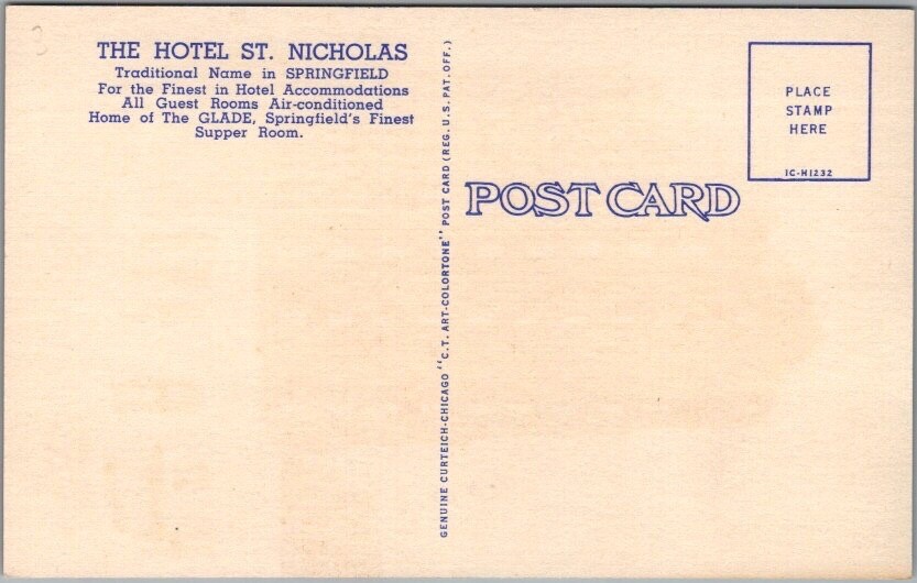Springfield, Illinois Postcard HOTEL ST. NICHOLAS Street View ...