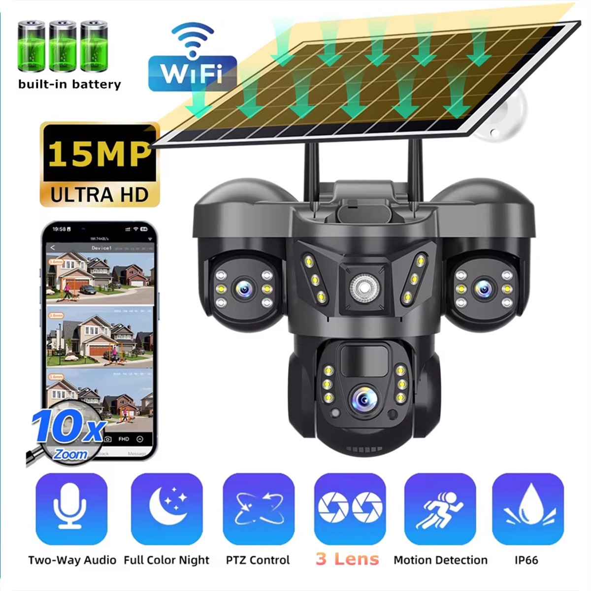 3 Lenses Solar Wireless Security Camera Solar Powered PTZ WiFi/4G CCTV ...