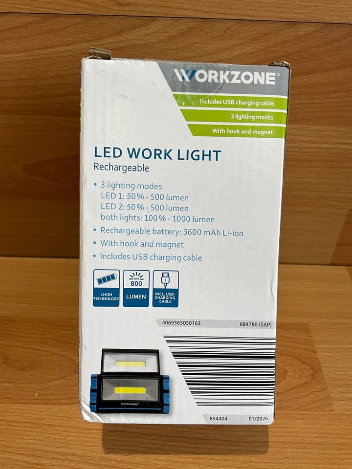 WORKZONE LED Work Light - 800 Lumens - RECHARGEABLE - Incl USB Cable | eBay