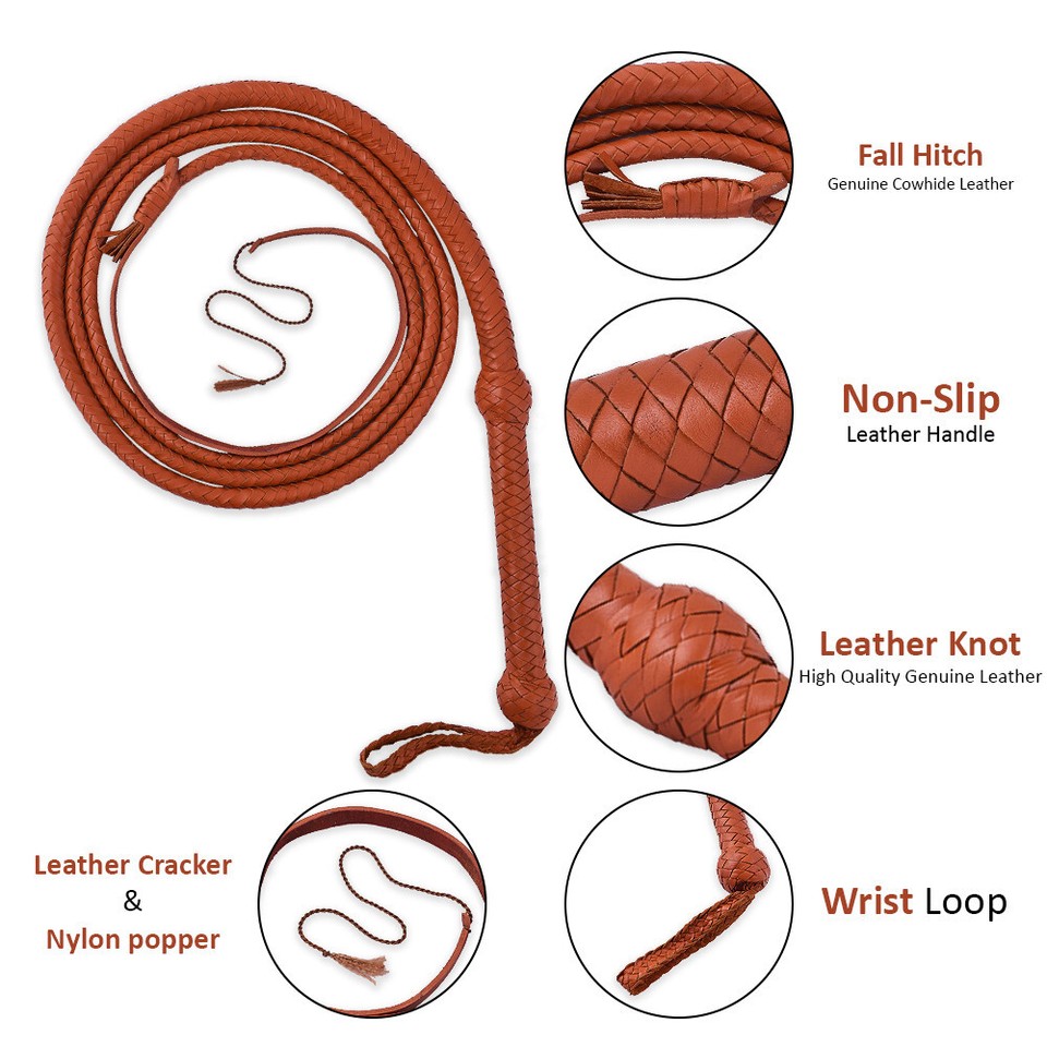 4 to 10 Feet Long Bullwhip Cow Hide Leather 12 Plaits Whip Loud Sound ...