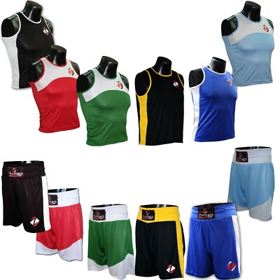 ZAHBRO Mens Boxing Shorts & Vest Set Training Satin Sparring Kickboxing ...