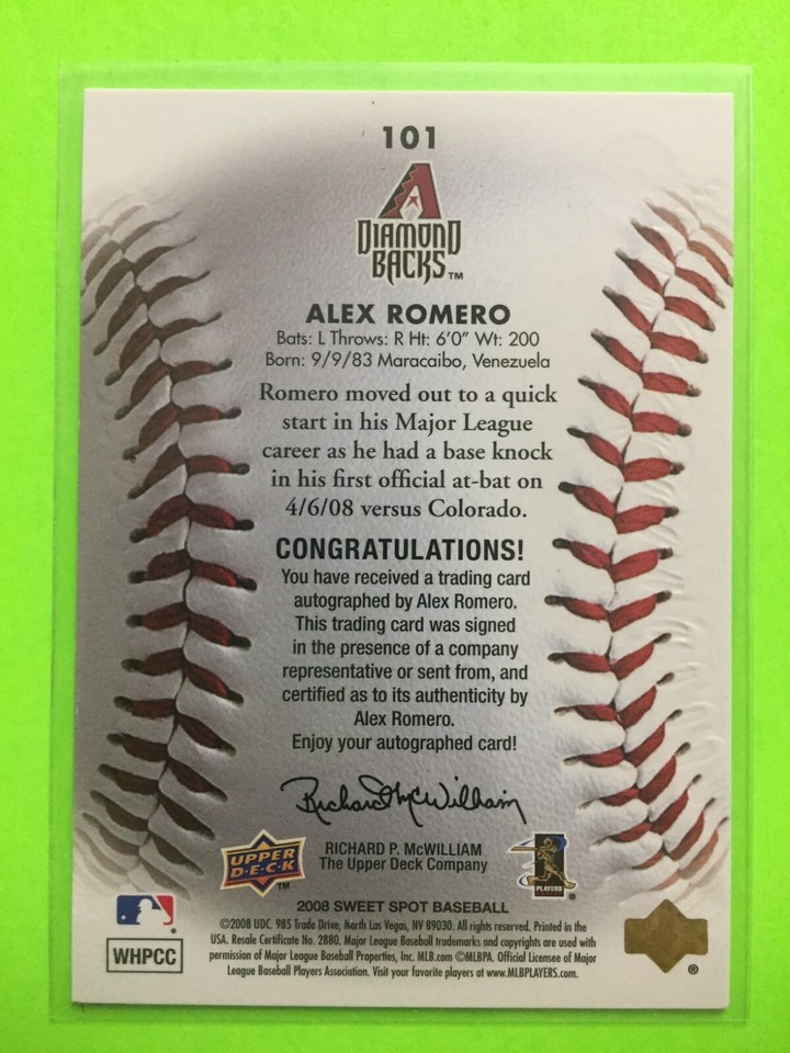 2008 UD Sweet Spot Alex Romero Auto Arizona Diamondbacks Rookie 48/50 ...