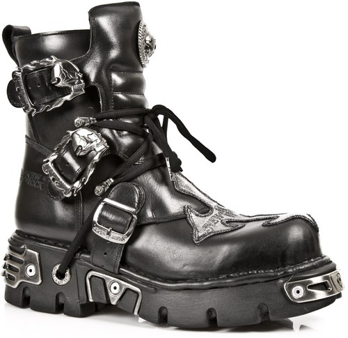 New Rock 407-S1 Silber Kreuz Schwarz Leder Gothic Punk Biker Schuhe ...