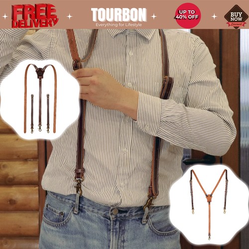 Tourbon Leather Suspenders for Men Y Back Harness Pants Braces 3 Hook ...