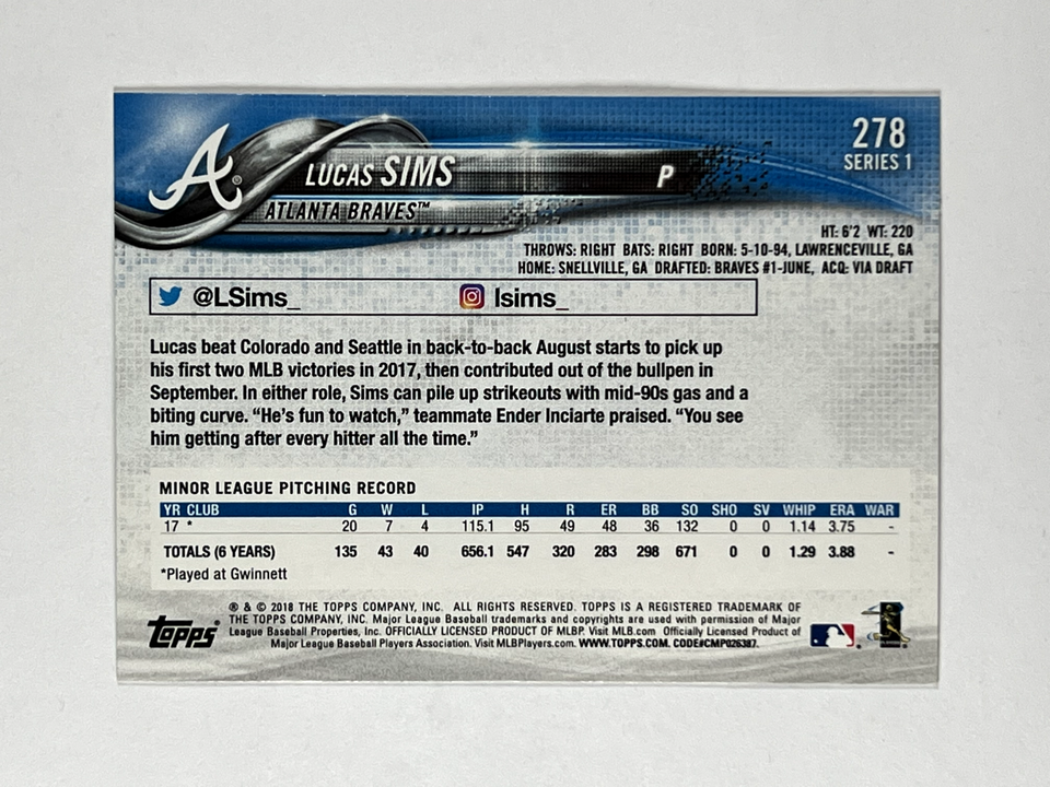 2018 Topps Series 1 Lucas Sims #278 Rookie Card RC Atlanta Braves | eBay