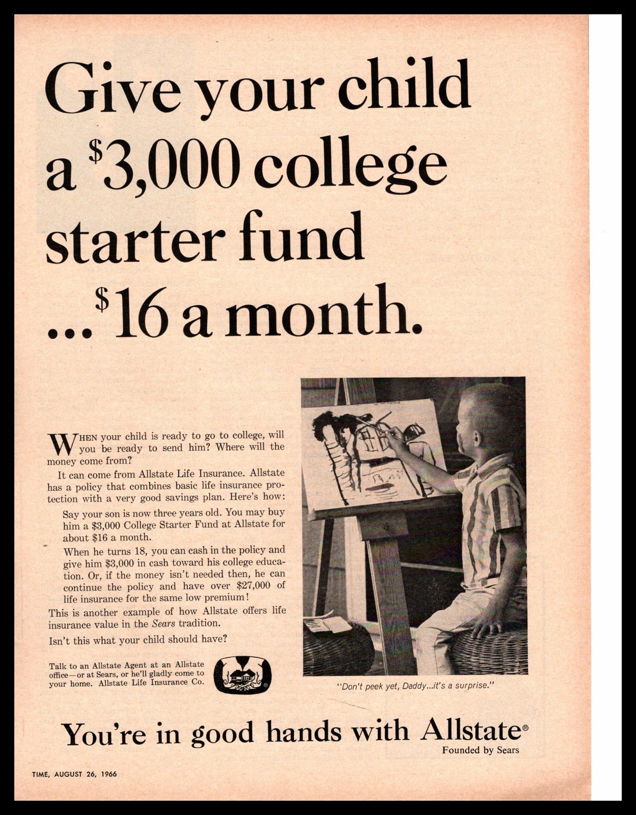 1966 Allstate Insurance Child's $3000 College Starter Fund Boy Drawing ...