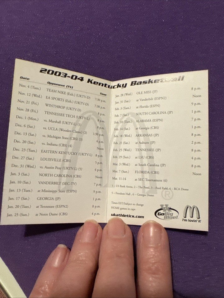 Kentucky Basketball Pocket Schedule 2003 2004 MC DONALDS | eBay
