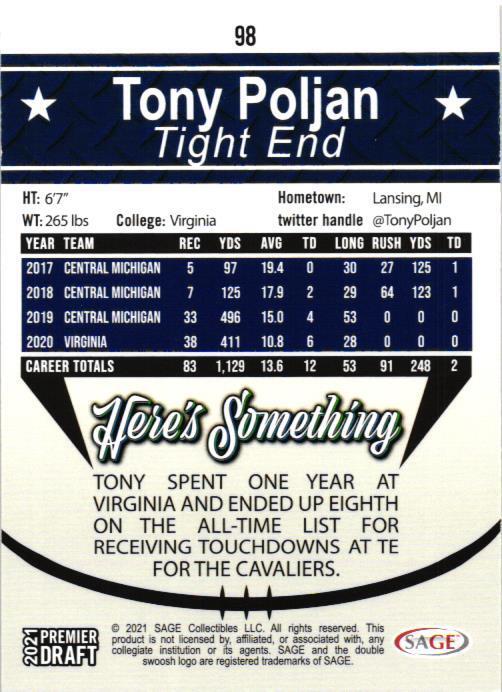 2021 SAGE Premier Draft #98 Tony Poljan | eBay