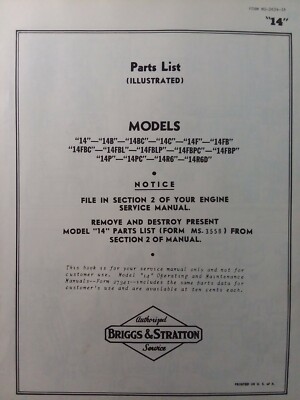 Briggs Stratton model 14 14R6D Engine Parts Manual Generator Lawn Mower ...