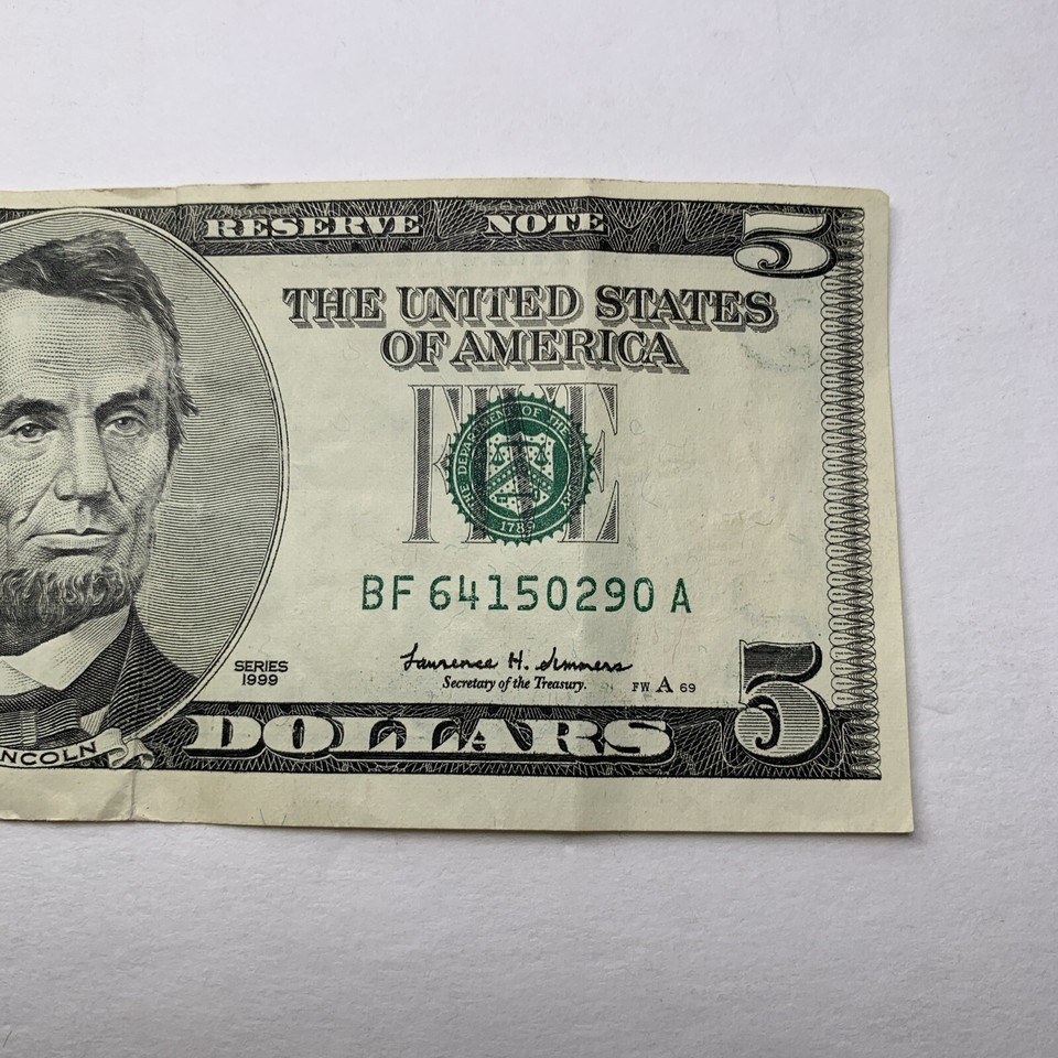 $5 Five Dollar Bill 1999 Offset Miscut Severely Off Center Error ...