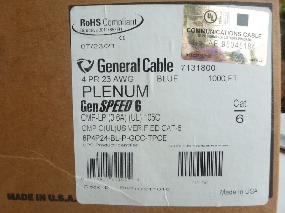 General GenSPEED Plenum Cat 6 Cable, CMP, 4pr23awg Solid pure copper 1000ft | eBay