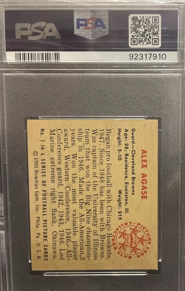 1950 Bowman Football Alex Agase #7 PSA 7 NRMINT Cleveland Browns Set ...