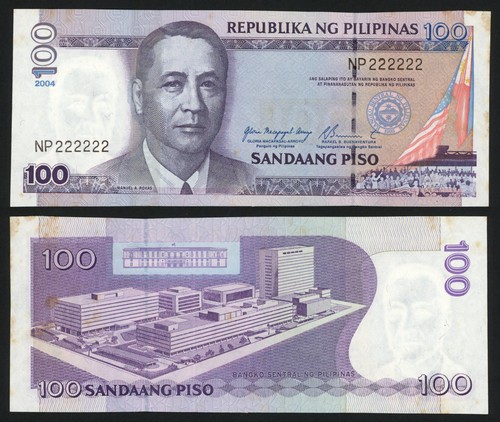 2004 NEW DESIGN 100 Pesos Arroyo SOLID NO. NP222222 Philippine Banknote ...
