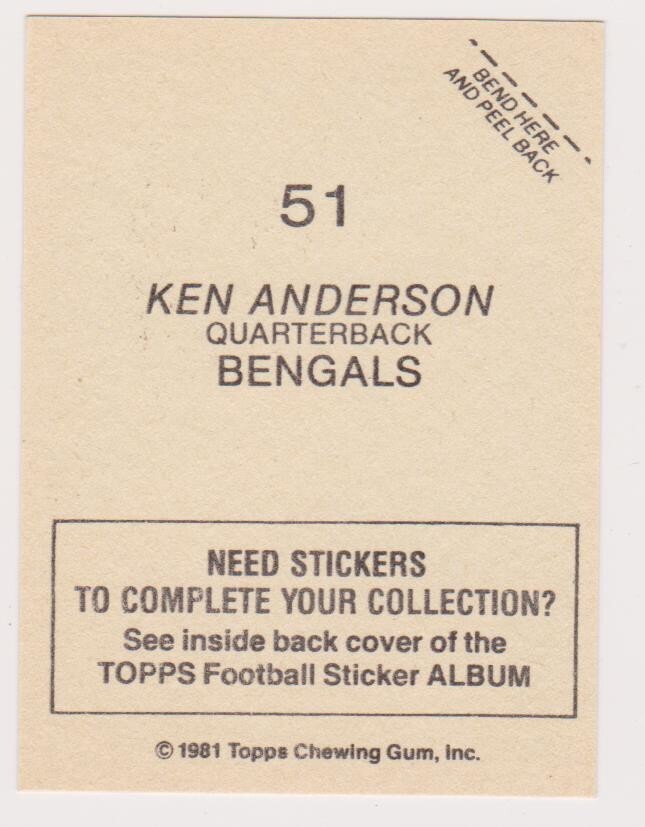 1981 Topps Ken Anderson sticker #51 Cincinnati Bengals NFL | eBay