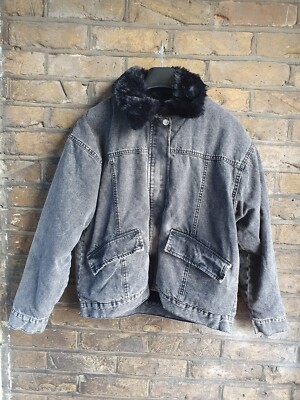 NEW PRIMARK BLACK FAUX FUR COLLAR DENIM JACKET SIZE LARGE | eBay