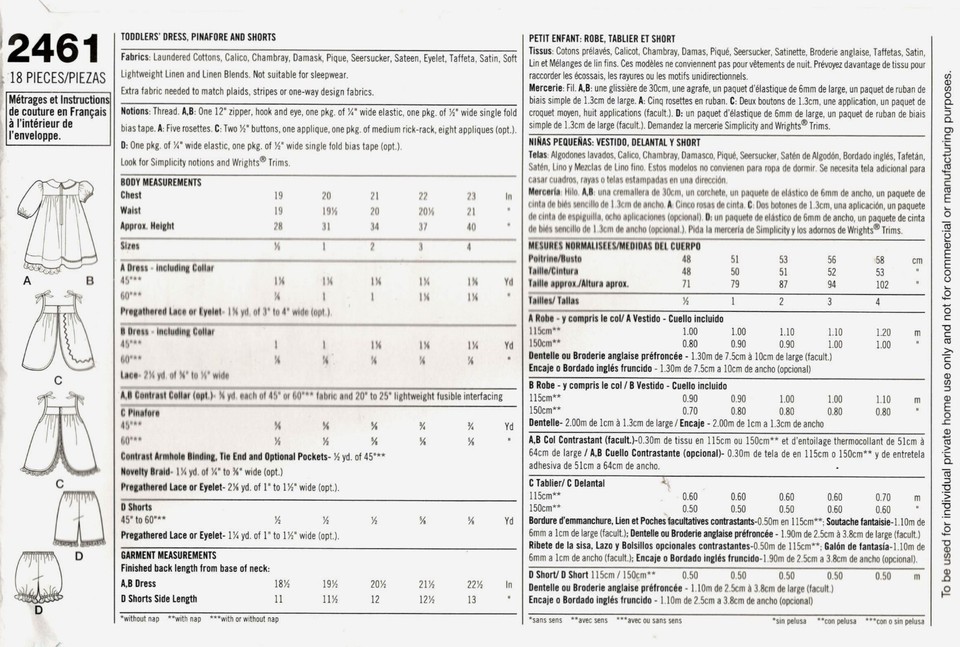 Simplicity 2461 Toddler Girls Dress Pinafore Shorts Sewing Pattern ...