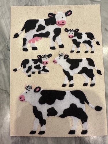 New VINTAGE SANDYLION FUZZY COW FAMILY MAXI STICKER SHEET BLACK WHITE ...