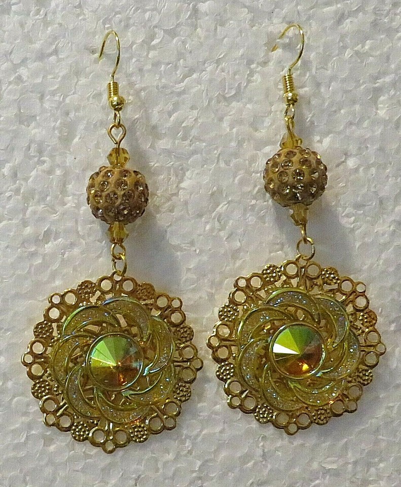 Yellow Resin Pin Wheel Gold Filigree Gold Shamballa Accent 2.25" Dangle ...