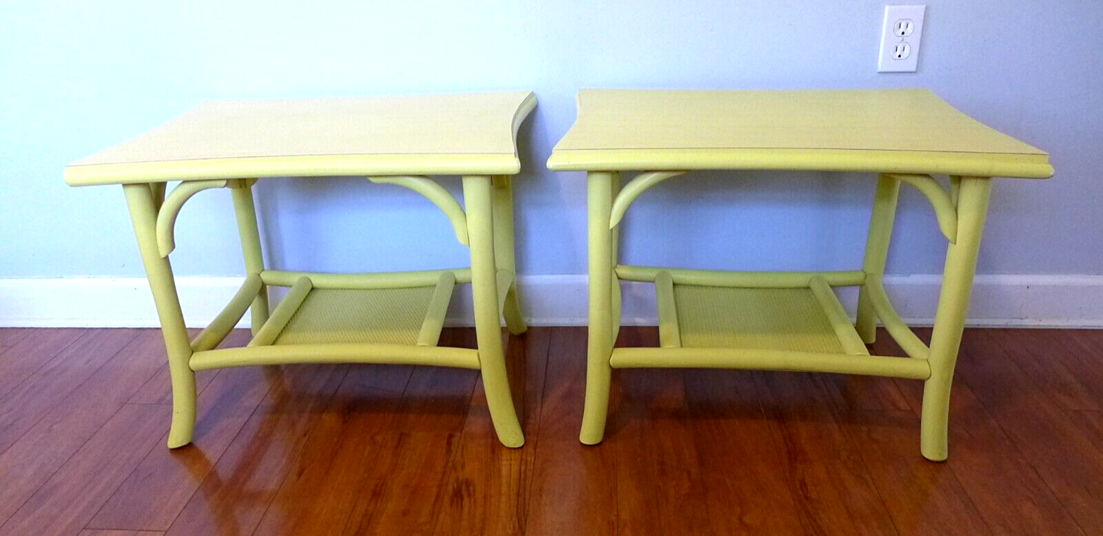2 Mid Century Modern Yellow Rattan End Tables Cane Base Formica Top ...