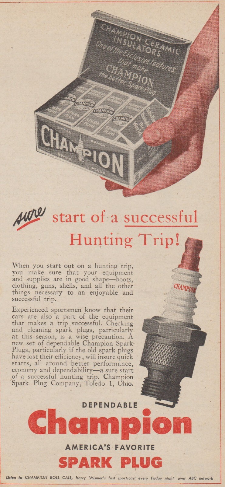 1947 Champion Spark Plugs - Display Box - Hunting Trip - Vintage Print ...