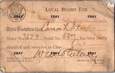 1918 WW1 War Department Form 1007 Division 6 Seattle WA C L Stookey | eBay