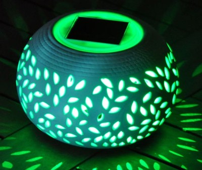 SOLAR POWERED TABLE LIGHT LED GARDEN ORNAMENT COLOUR CHANGING CERAMIC ...