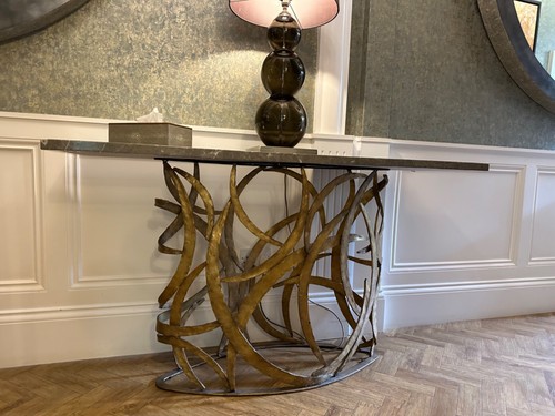 Porta Romana Elliptical Miro Console table beige marble gilt gold base ...