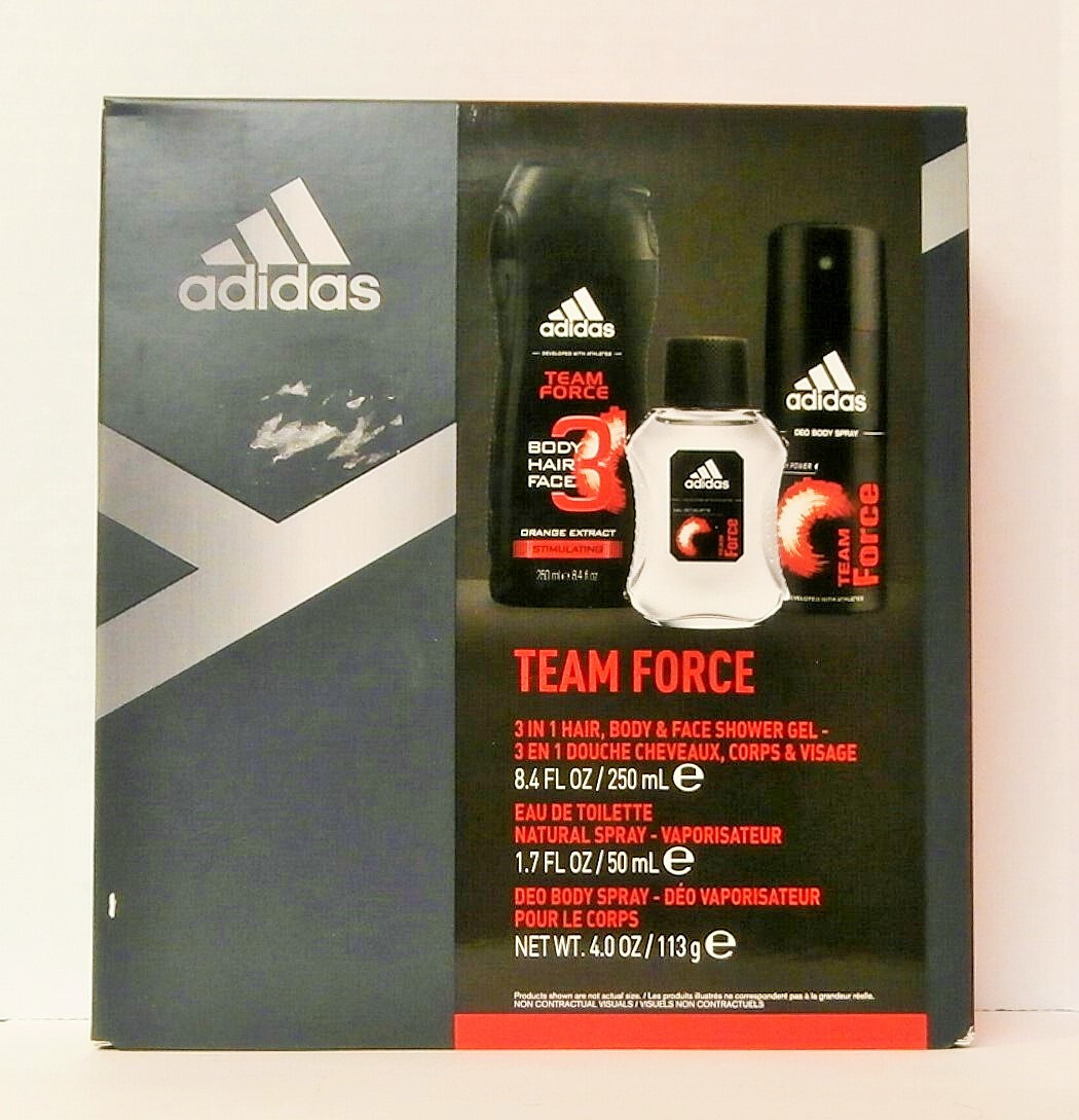 Adidas TEAM FORCE Set EDT Spray 1.7oz + BODY WASH 8.4oz + DEO SPRAY 4oz ...