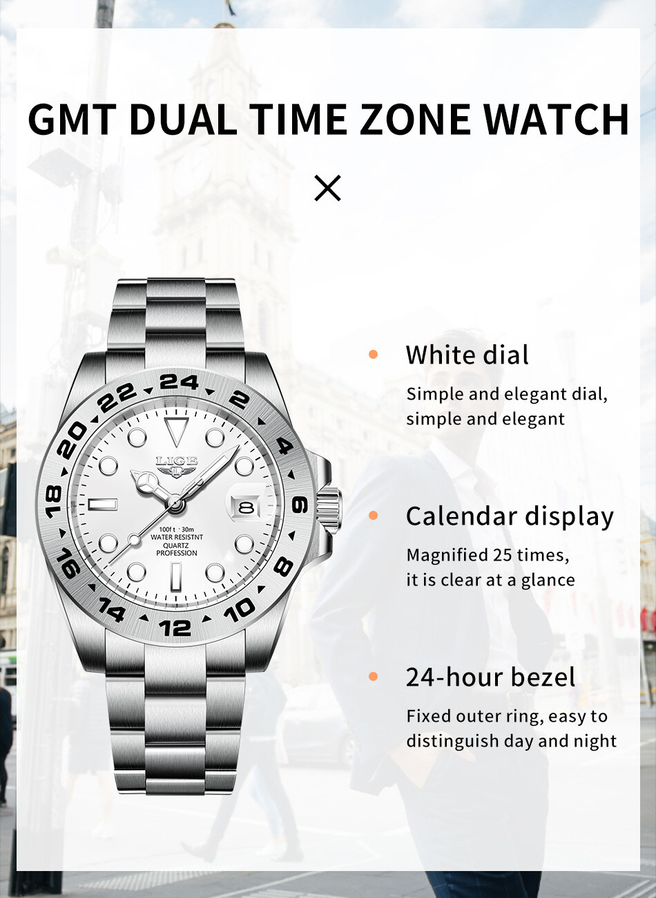 LIGE Men Watch Silver Steel Bracelet Date Display Wristwatch Business ...