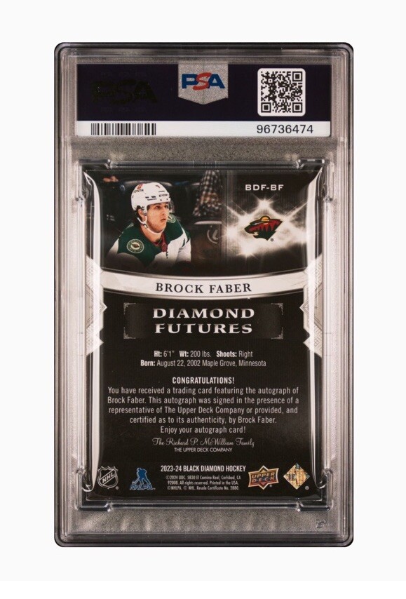 2023-24 UD Black Diamond Brock Faber Diamond Futures /99 Psa 6 Ex-Nm ...