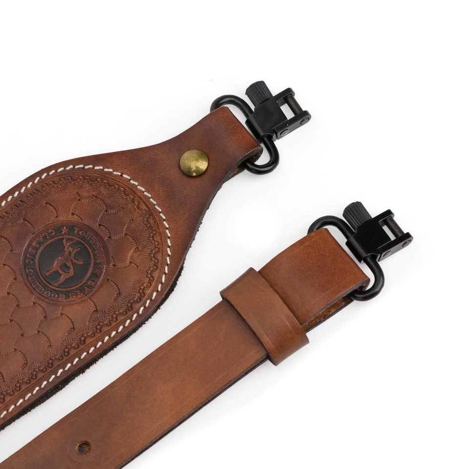 TOURBON Vintage Leather 2 Point Padded Rifle Sling Swivels Ammo Holder ...