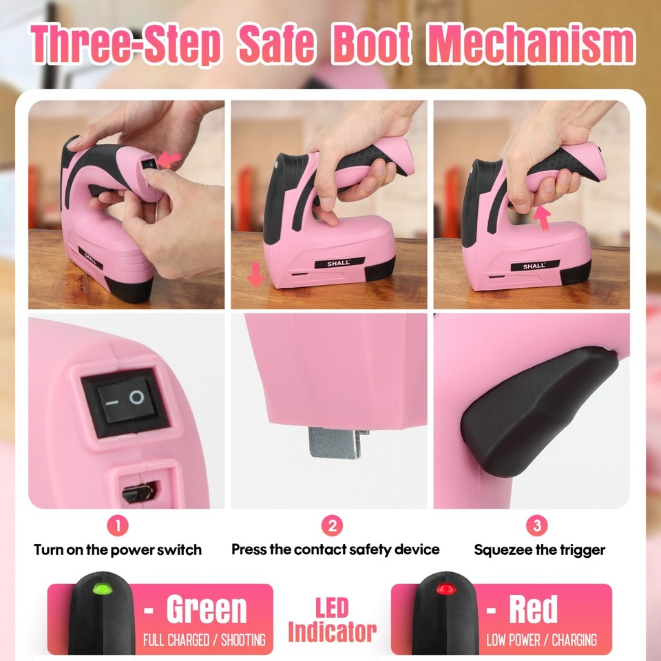 SHALL Pink Electric Staple Gun, 2in1 Stapler Gun,w/ 2500 Staples Nails ...