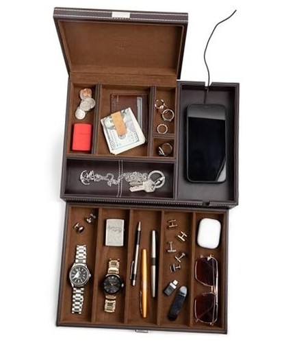 Mens Watch Box Leather Valet Tray - Bedside Table Organizer, Men's ...