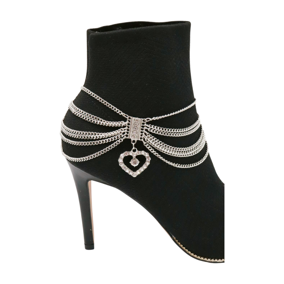 Women Silver Metal Chain Boot Bracelet Shoe Anklet Heart Charm Love ...