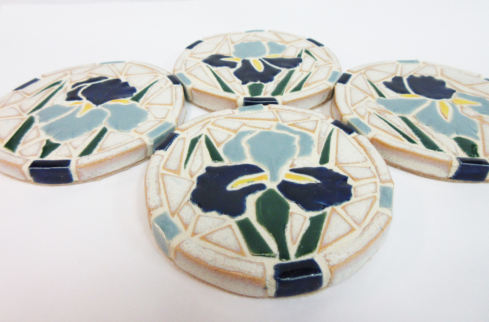 Spring Iris Mosaic Coasters, Handmade Ceramic Tiles, Blue Tones , Set ...