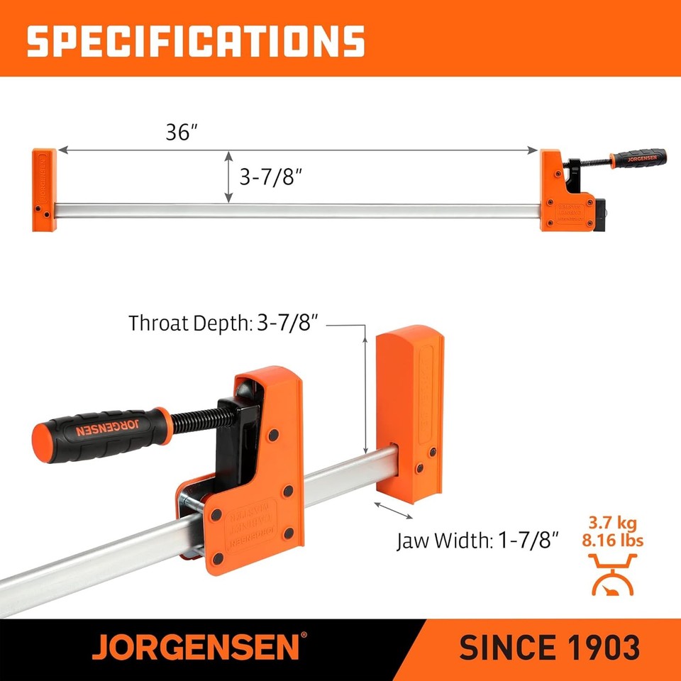 JORGENSEN 2pack 36-inch Bar Clamps, 90°Cabinet Master Parallel Jaw Bar ...