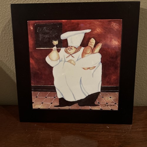 kitchen Jennifer Garant Fat Chef bread and wine Framed Art Tile Trivet ...