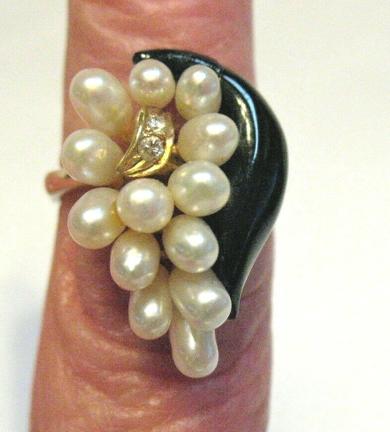 14K GOLD BLACK ENAMEL PEARL DIAMOND WATERFALL RING BA… - Gem