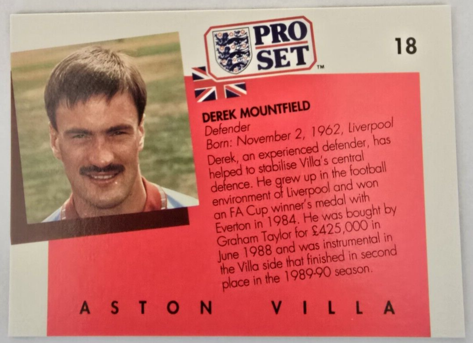 Soccer, Derek Mountfield, 1990-91 Pro Set England League, Aston Villa ...