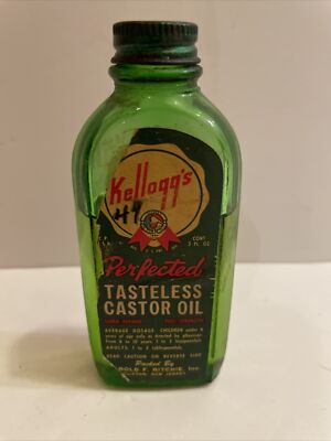 Vintage Green 3 oz Bottle Kellogg's Perfected Tasteless Castor Oil ...