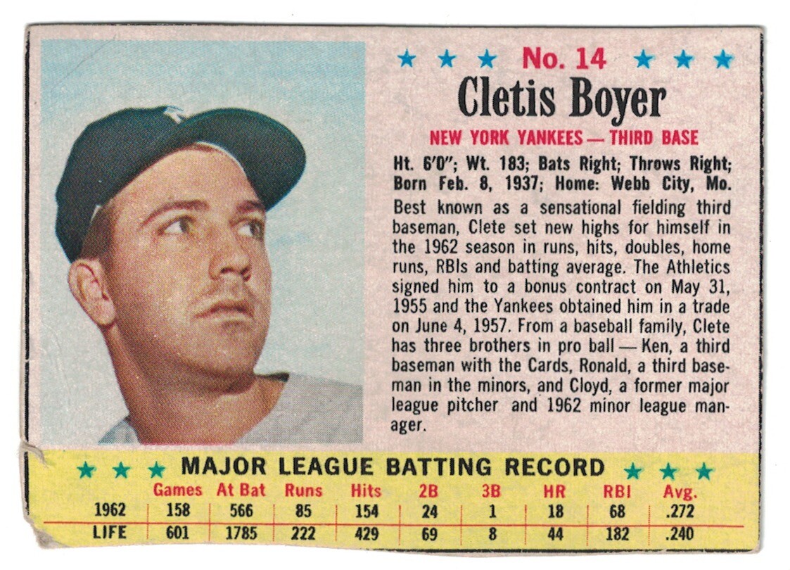 1963 Post #14, Cletis "Clete" Boyer, New York Yankees | eBay