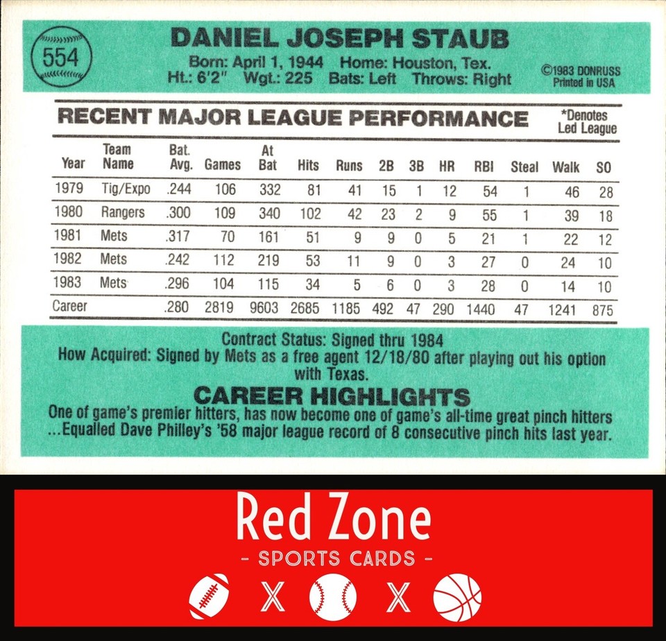 1984 Donruss - #554 Rusty Staub NM/NM+ Set Break! | eBay