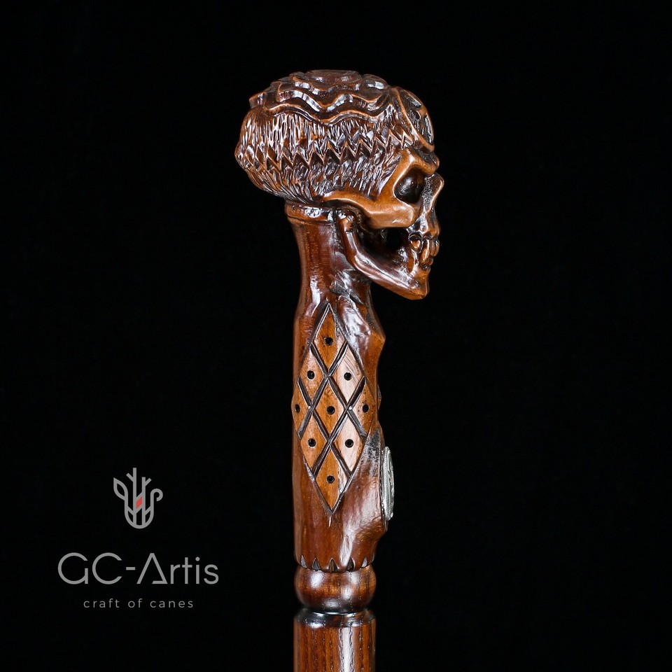 Skull Wooden Walking Stick Cane Hiking Staff Hand Carved Ankh Cross ...