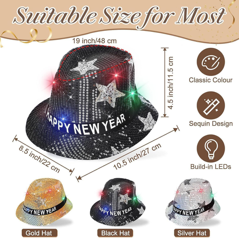 3 Pack Happy New Years Hats Sequin LED Light up Top Hats New Years Eve ...
