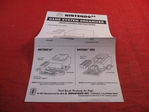 Nintendo 64 N64 Official Organizer ALS Instruction Manual Insert Sheet ...