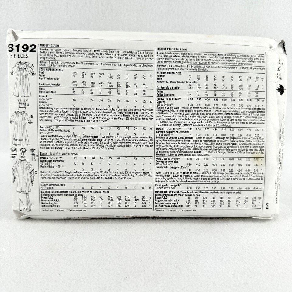 Simplicity 8192 Medieval Renaissance Dress Costume Misses Size 4 8 ...