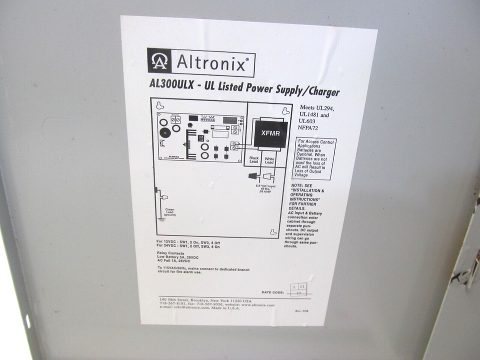 Altronix AL300ULX Power Supply/Battery Charger, 12/24 VDC @ 2.5amp ...