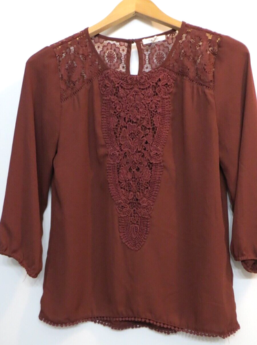 Maurices Shirt Womens Rusty Red Color Lace Accent 3/4 Sleeves Boho ...